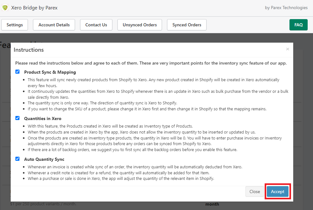 Parex Bridge - Inventory Sync feature - Xero Bridge app