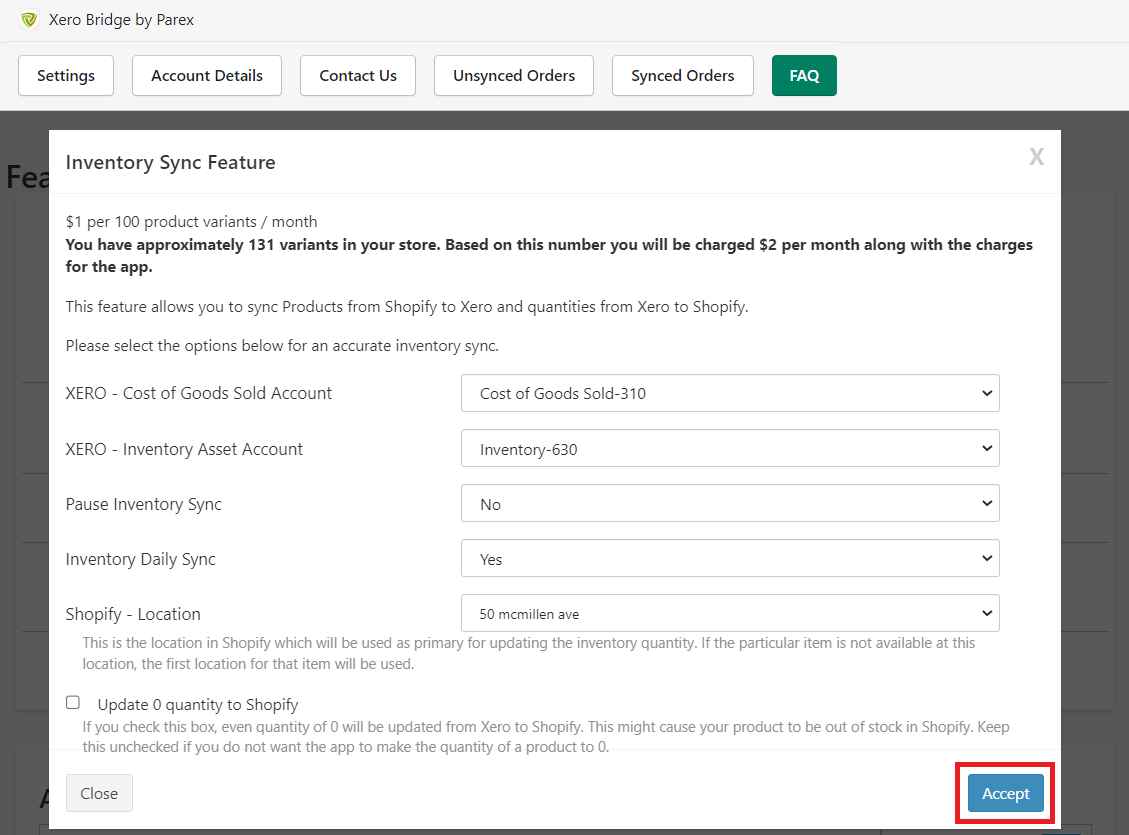 Parex Bridge - Inventory Sync feature - Xero Bridge app