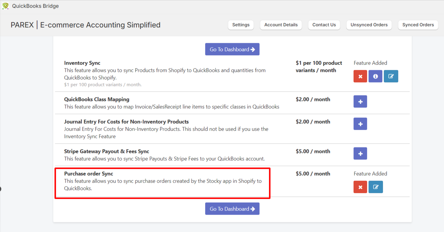 Parex Bridge - Stocky purchase order sync